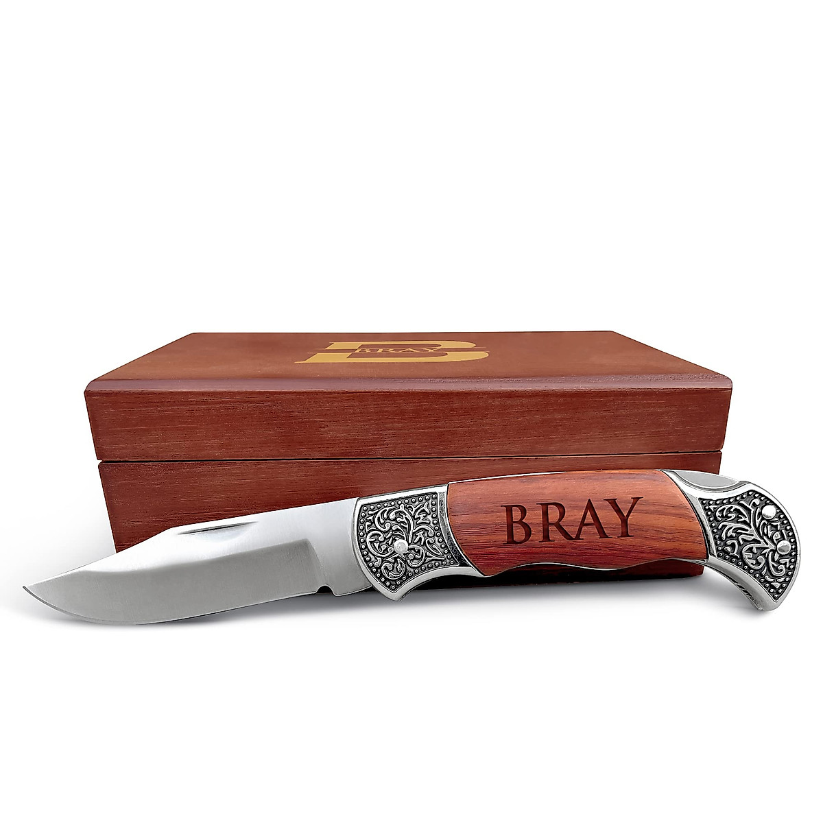 Krezy Case Personalized Engraved Pocket Knife, Engraved Folding Pocket Knife with Wooden Box, 7.25in Engraved Pocket Knife, Hunting Knife For Men