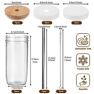Moretoes 5 Pack 24oz Mason Jar Cups, Glass Cups with Bamboo Lid and Stainless Straw Reusable Boba Bottle Travel Tumbler for Tea Smoothie Juice Coffee