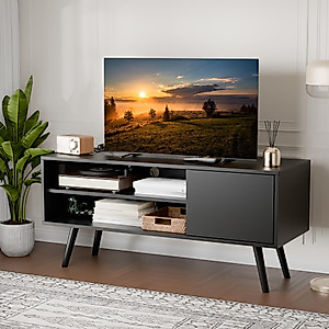 Cozy Castle TV Stand for 48 Inch TV, Mid Century Modern Entertainment Center with Storage Cabinet, TV Media Console for Living Room, Bedroom, Black