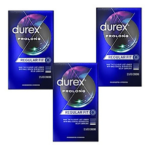 Durex Prolong Condoms, Ultra Fine, Ribbed, Dotted with Delay Lubricant Natural Rubber Latex Condoms for Men, FSA & HSA Eligible, 12 Count (Pack of 3)