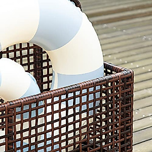 Outsunny Patio Wicker Pool Float Storage with Wheels, Outdoor Rolling PE Rattan Pool Caddy, Includes Compartment and Basket, for Pool, Garden, Deck, Mixed Brown