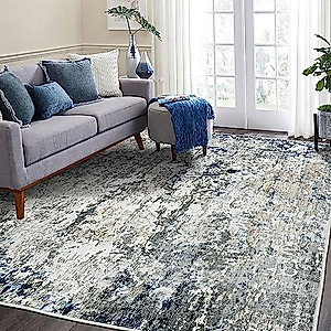 Miukiki 8x10 Area Rugs for Living Room,Anti-Slip Backing Washable Rug,Stain Resistant Modern Abstract Large Area Rug,Ultra-Thin Room Decor Rugs (Navy/Gold,8'x10')