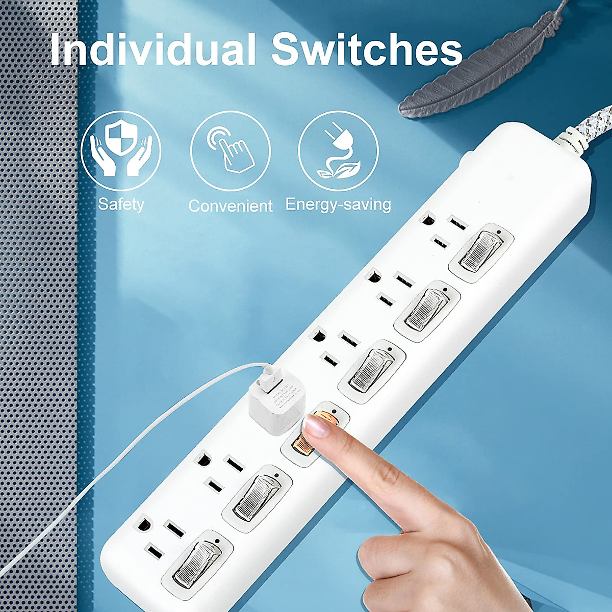 Power Strip Extension Cord 6 Ft, 6 Rotating Outlets & 4 USB Charging Ports, 1875W, 1020 J, Flat Plug Wall Mount Surge Protector Strips for Home, Office, White
