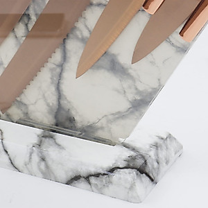 Knife Set Non Stick, Champagne Gold Knives Set with Acrylic Storage Block, 6 Pieces Sharp Knife Set, Stainless Steel Beautiful White Marbling Handle Rainbow Blade Kitchen Knife (Champagne Gold Blade)