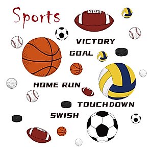 decalmile Sports Wall Decals Basketball Football Wall Stickers Peel and Stick Removable Wall Art for Kids Bedroom Boys Room Nursery Classroom
