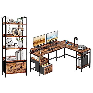 Furologee 66" L Shaped Computer Desk and 5-Tier Bookshelf, Corner Gaming Desk with File Drawer, Tall Bookcase with 2 Storage Drawers for Living Room, Home Office, Bedroom, Rustic Brown