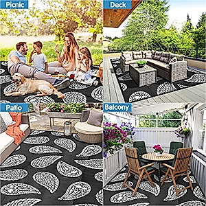 Deeliva Outdoor Camping RV Rug Mat, 9'x12' Waterproof Large Camper Rug Reversible Plastic Straw Rug Outdoor Rugs for Camping, RV, Patio Clearance, Deck, Picnic, Beach (Black & White, Paisley)
