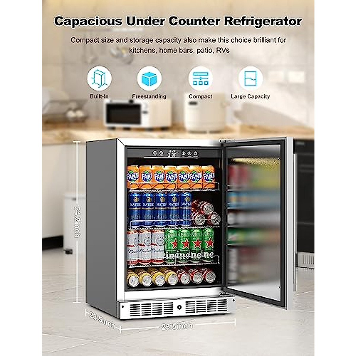 SUCISENI Outdoor Beverage Refrigerator, 24 Inch Undercounter Beverage Fridge Cooler Holds 180 Cans, Stainless Steel Refrigerator with Lockable Door for Home Bar, Outdoor Kitchen Patio or Commercial