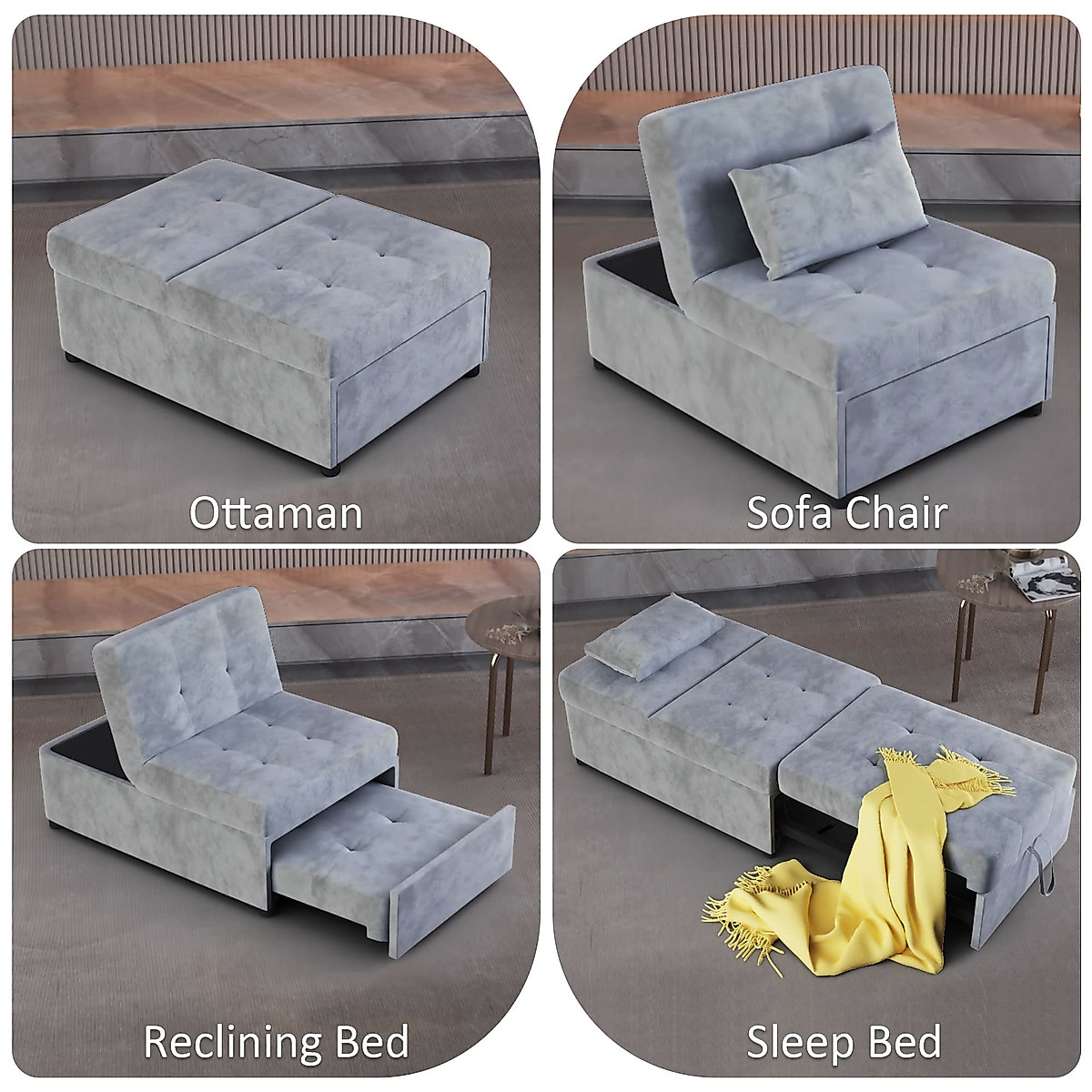 LEVNARY Convertible Chair Bed Sleeper, Velvet 4 in 1 Single Sofa Folding Chair Ottoman, Pull Out Small Couch Ottoman Bed for Home Living Room (Velvet Grey)