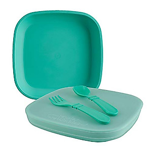Re-Play -Made in USA - 5 Piece Toddler Feeding Set Flat Plate, Silicone Storage Lid, Utensils - Made from Environmentally Friendly Recycled Milk Jugs - Aqua