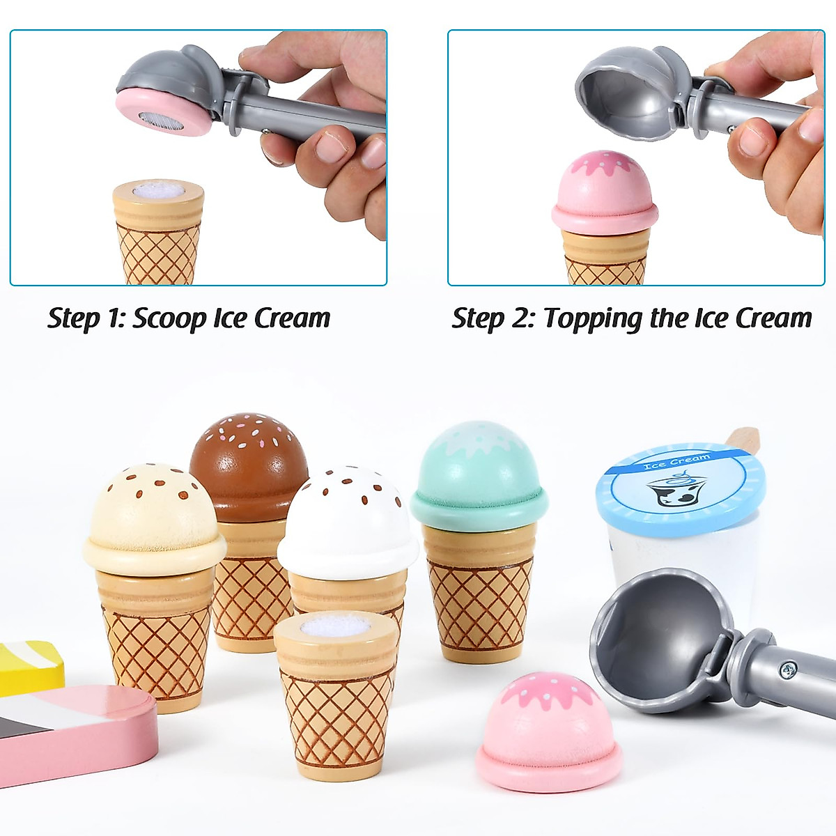 Wooden Ice Cream Toys Kids Play Store Pretend Toy for Toddlers, Play Kitchen Accessories with Scoop & Menu & Fake Money, Ideal Ice Cream Play Set Gifts for 3 4 5 6 7 8 Year Old Girls Boys