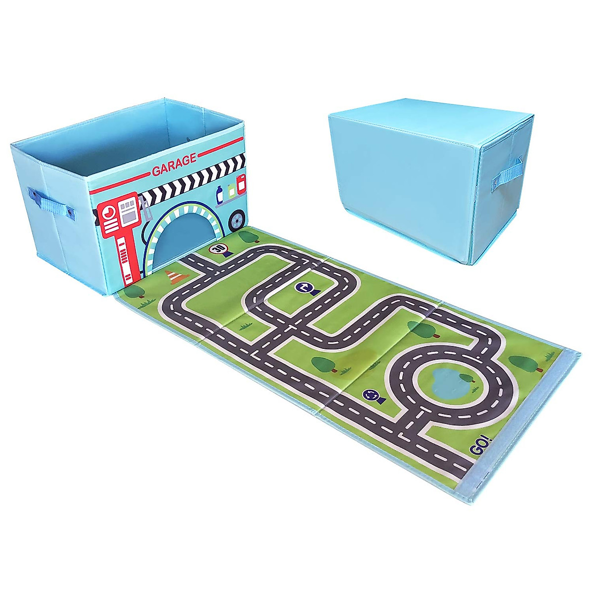 EMBRACE PLAY Toy storage box with car rug play mat - Toy box for boys and girls - 2 in 1 collapsible toy car storage- toyboxes for children - toy boxes for kids (BLUE)