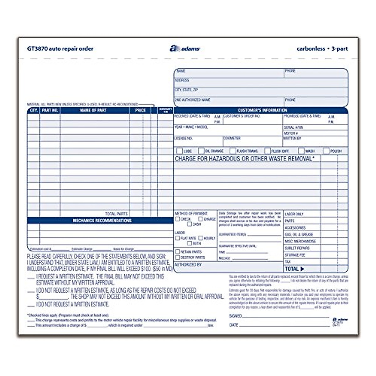 Adams Auto Repair Order Forms, 8.5 x 7.44 Inch, 3-Part, Carbonless, 50-Pack, White and Canary (GT3870)