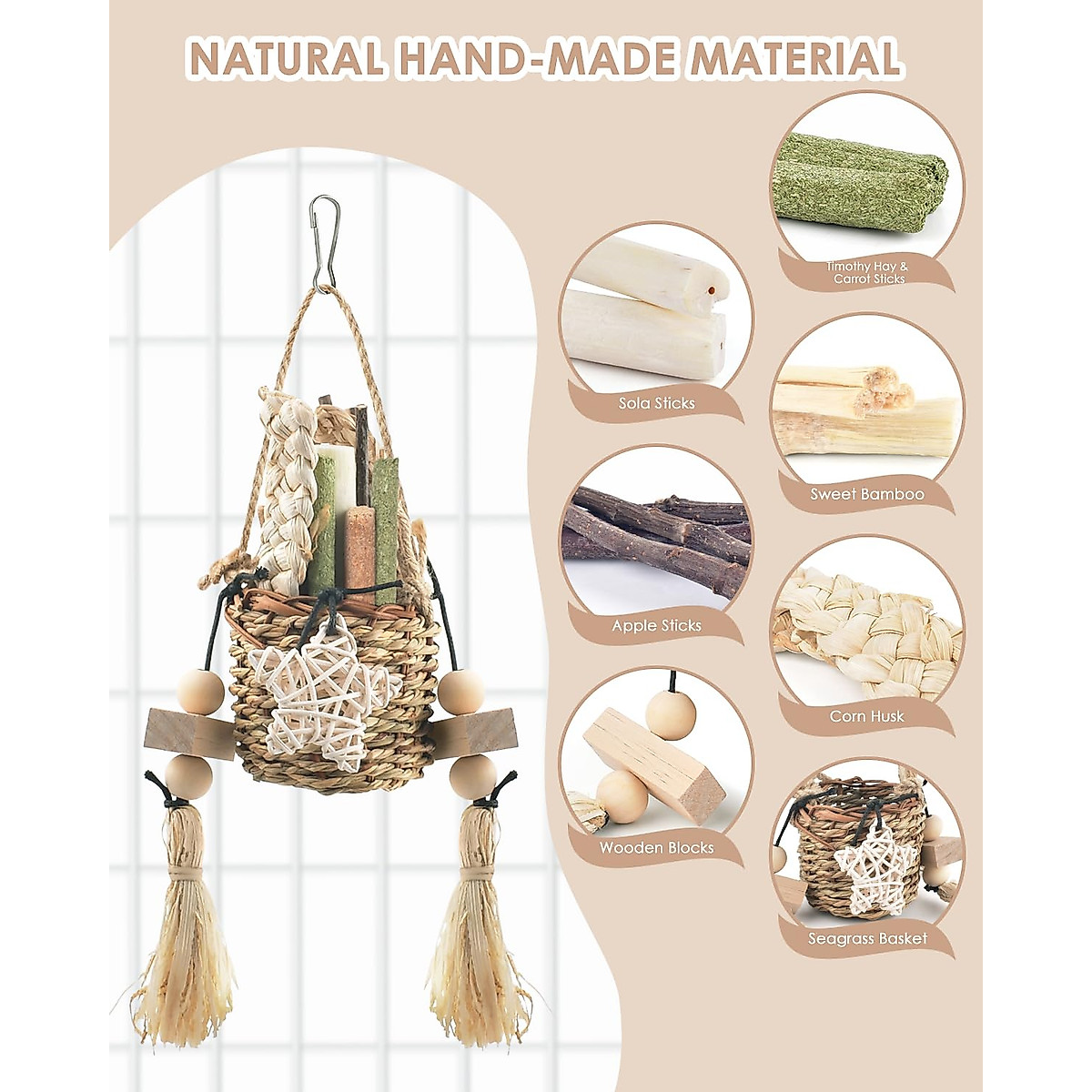 Bissap Bunny Chew Toys, Natural Seagrass Hanging Basket Chews Water Plant Woven Chinchillas Chewing Treats for Rabbits Guinea Pigs Chinchillas Hamsters Rats and Other Small Pets Teeth Grinding Toy