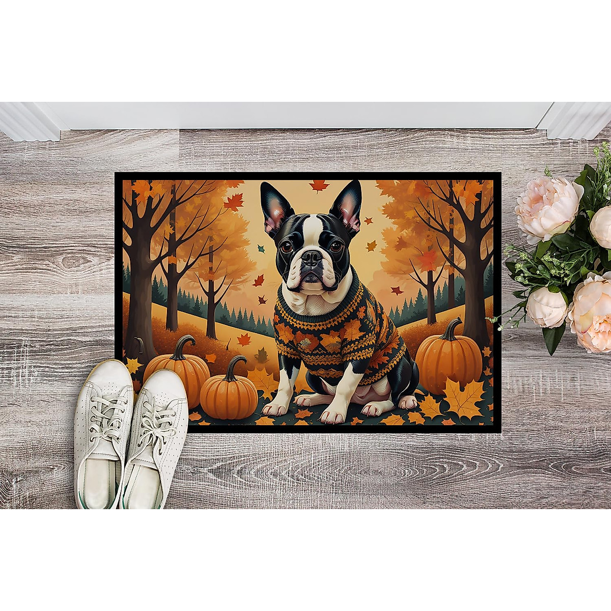 Caroline's Treasures DAC1024MAT Boston Terrier Fall Doormat 18x27 Front Door Mat Indoor Outdoor Rugs for Entryway, Non Slip Washable Low Pile, 18H X 27W