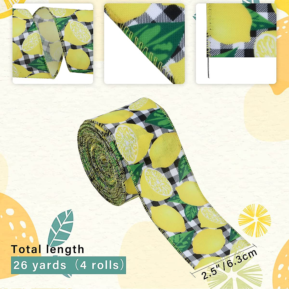 32 Yard Lemon Wired Edge Ribbon 4 Rolls 2.5 Inch Summer Burlap Ribbon Lemon Gingham Check Ribbon Decor for DIY Crafts, Gift Wrapping, Wreaths, Hair Bows, Home Decor