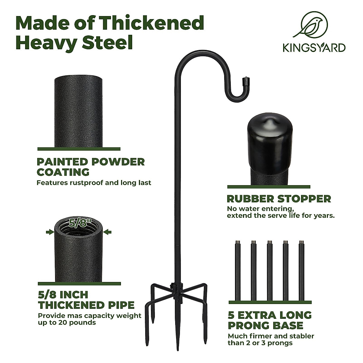 Kingsyard Adjustable Shepherd Hooks for Outdoor - Heavy Duty Bird Feeder Pole with 5 Prong Base, Garden Plant Hanger, Weddings Decor, Solar Light Lanterns, 60 inch