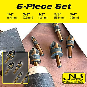 JNB Pro Metal Countersink Drill Bit Set - 5PC High-Speed Steel with M35 HSS-Co Grade 5% Cobalt, Sizes 1/4", 3/8", 1/2", 5/8" & 3/4", 82° 5-Flute Design, 1/4" Shank - Ideal for Stationary or Hand Drill