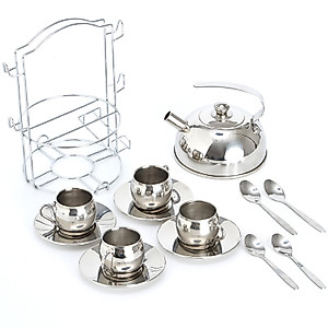 Timy Kids Tea Party Set 14pcs for Girls, BPA Free Stainless Steel Tea Set Pretend Kitchen Toys