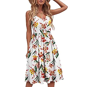 BeadChica Women's Casual Dress Summer Sleeveless V Neck Floral Sundresses A Line Spaghetti Strap Midi Dress with Pockets-Printing-XL