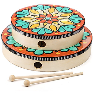 Foraineam 10 Inch & 8 Inch Hand Drum, Musical Percussion Instrument Colorful Wood Frame Drum with Drum Stick