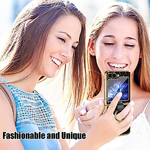 Soyeacrg Case for Samsung Galaxy Z Flip 5, Luxury Gold Plated Frame Quilted Leather Ultra Thin Folding Women Case with Ring Holder Camera Lens Protection Film for Samsung Z Flip 5 2023,Purple