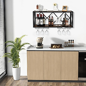 Giantex Industrial Wall Mounted Wine Rack, 39-Bottle Metal Wine Holder Wall with 12 Glass Holder, Hanging Wine Glass Rack Wall Mounted for Home Bar, Kitchen, Dining Room, Rustic Brown