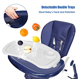 INFANS High Chair with One-Hand Removable Tray, 4 Lockable Wheels & Large Storage Basket - Multi-Adjustable Height, Recline & Footrest, Removable Cushion, Foldable for Baby, Infant& Toddler (Navy)