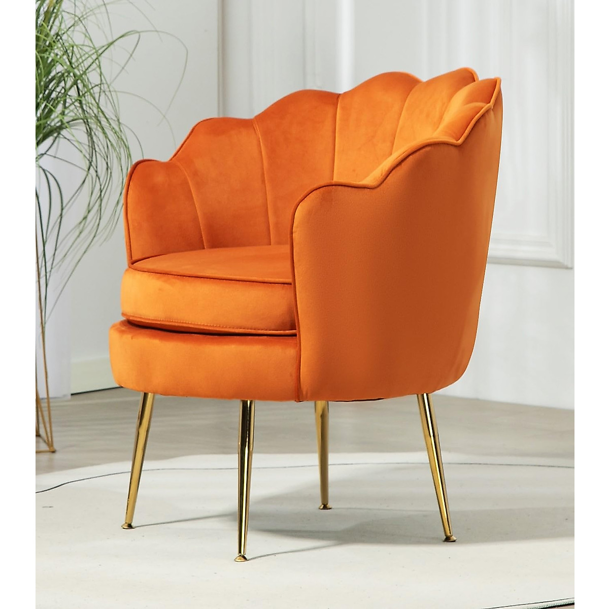 US Pride Furniture Velvet Barrel Chair, Stylish Accent with Scalloped Backrest and Gold Metal Legs, Suitable for Traditional, Modern, and Contemporary Living Rooms, Orange