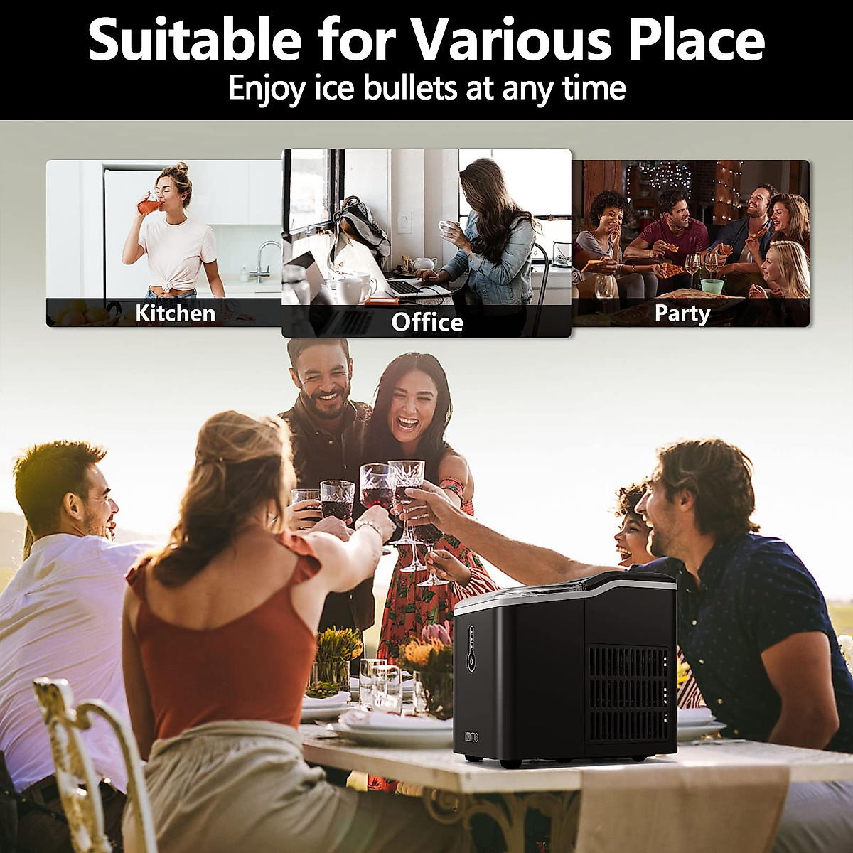 KUMIO Ice Makers Countertop, 9 Thick Bullet Ice Ready in 6-9 Mins, 26.5 Lbs in 24Hrs, Portable Ice Maker with Ice Scoop and Basket, Compact Design for Home Kitchen Office Bar Party, Black