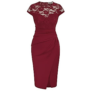 GRACE KARIN Women's Elegant Round Neck Wedding Guest Floral Lace Cocktail Party Dress Wine Red M