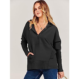 ANRABESS Women Casual Henley Hoodies Oversized Sweatshirt Ribbed Knit Long Sleeve Shirts Buttons V Neck Loose Baggy Sweater Hooded Pullover Fashion 2023 Fall Clothes 1064heise-S Black