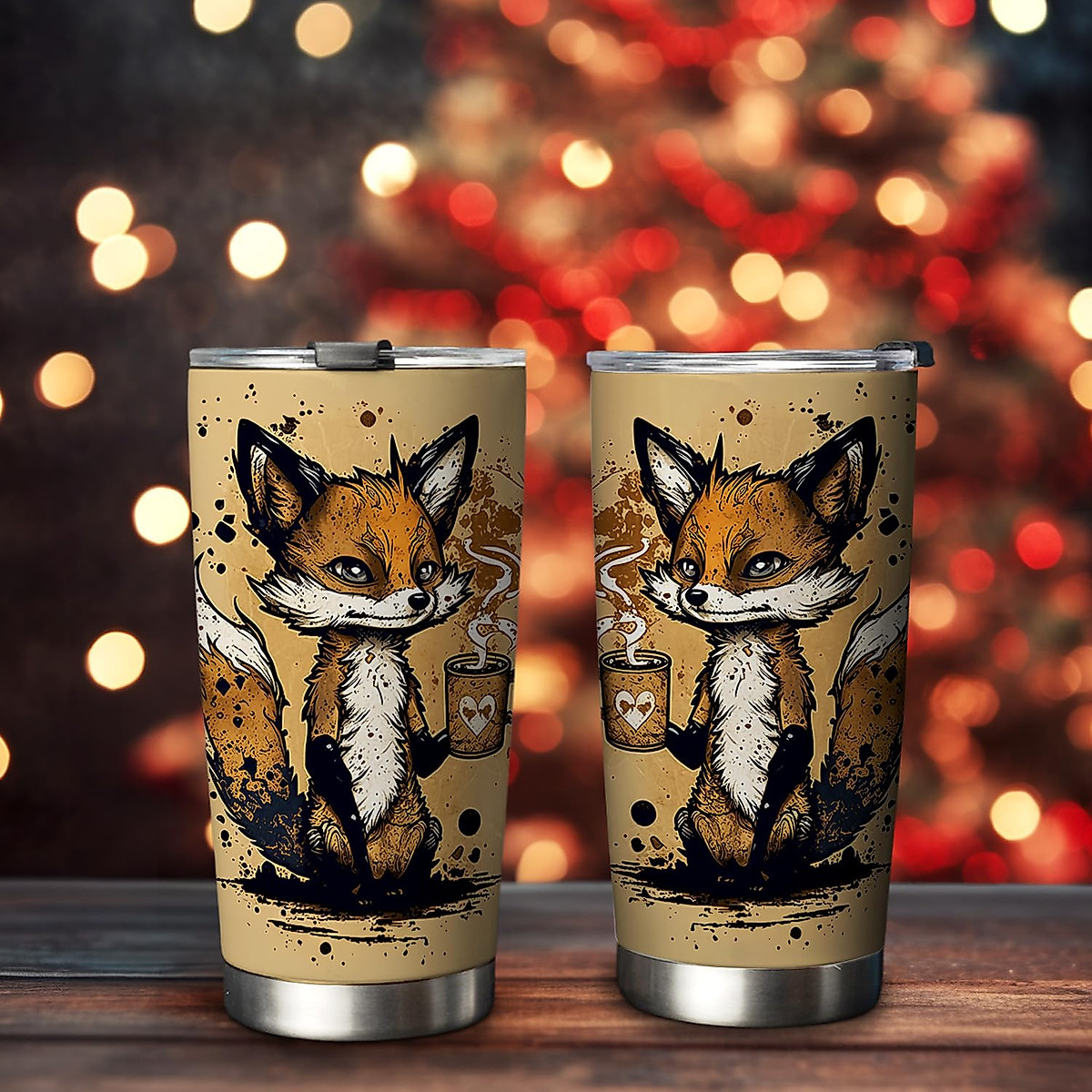 20oz Vintage Coffee Fox Tumbler, Gifts for Fox Lovers, Coffees Thermos for Women, Stainless Steel Double Wall Vacuum Insulated Coffee Mug, Travel Cup with Lid