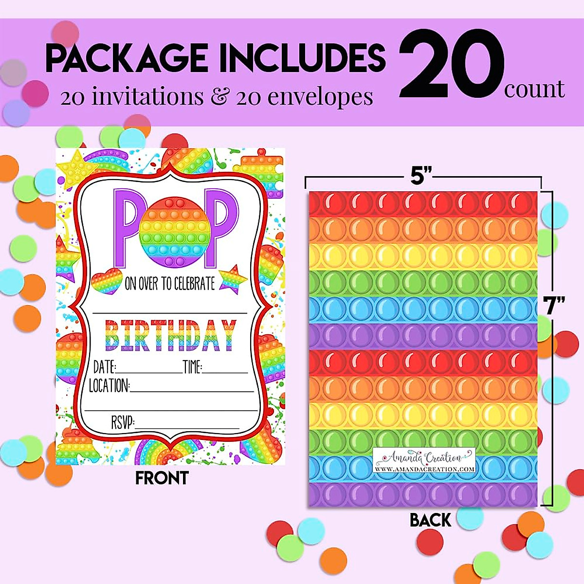 Pop On Over Popper Toy Fidget Themed Birthday Party Invitations for Kids, 20 5x7 Fill In Cards with Twenty White Envelopes by AmandaCreation