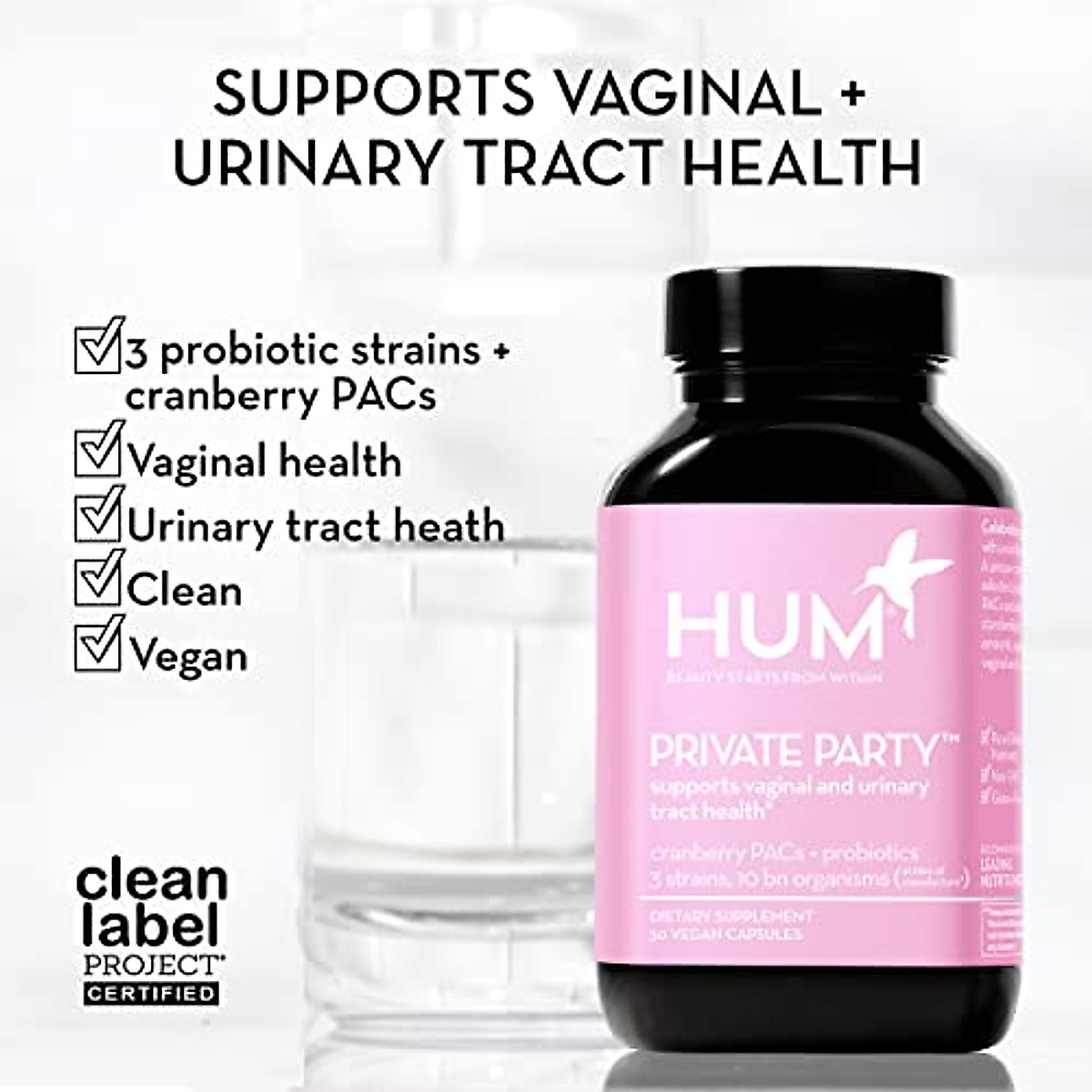 HUM Private Party Cranberry Pills for Women - Daily Vaginal Probiotic Women's Vitamins for Urinary Tract Health - Vegan Lactobacillus Supplement for a Balanced Vaginal pH + Microbiome (30 Capsules)