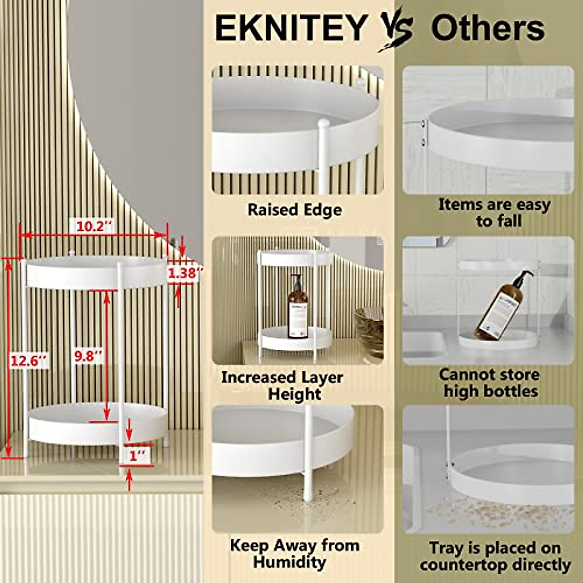 EKNITEY Bathroom Organizer Countertop Tray - Perfume Counter Organizers Small Sink Storage for Vanity Skincare 2 Tier (White)