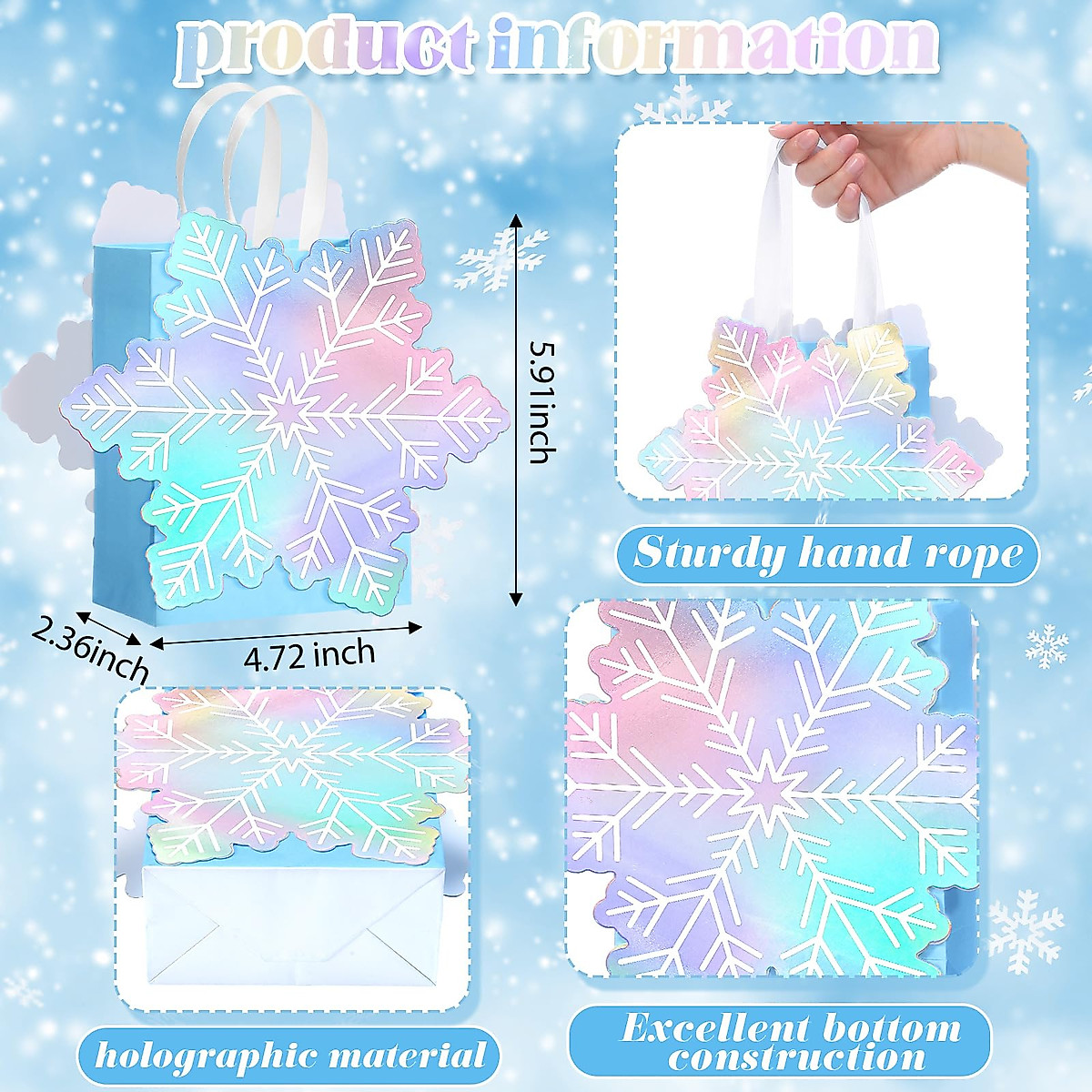 Kolldenn Christmas Iridescent Snowflake Gift Bags Holographic Frozen Goodie Bags Snowflake Party Favors Bags Winter Paper Bags with Handles for Xmas Winter Holiday Birthday(12 Pack)