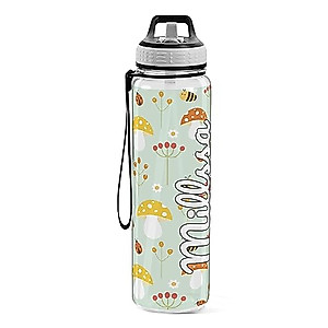 Wusikd Mushroom Custom Water Bottle Tritan BPA-Free Drink and Straw Leakproof Motivational Bee Ladybug Drinking Water Bottles with Carrying Strap for Office, Gym, Outdoor Sports
