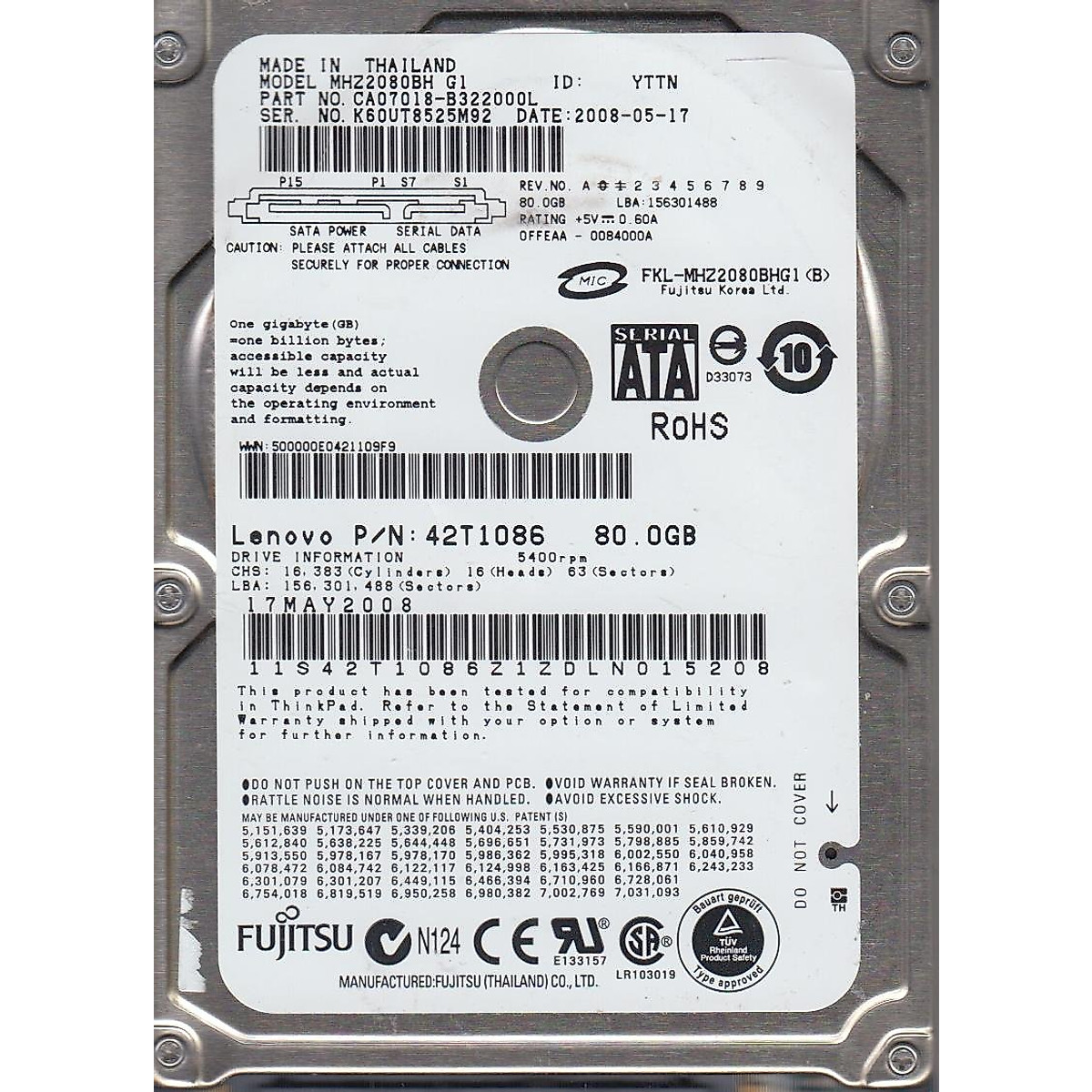 MHZ2080BH G1, PN CA07018-B322000L, Fujitsu 80GB SATA 2.5 Hard Drive