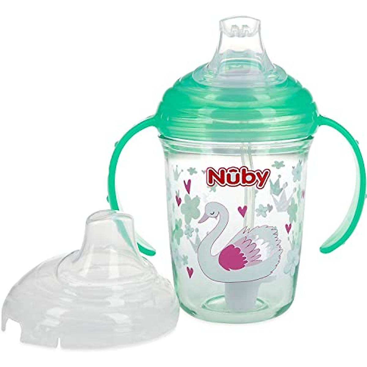 Nuby No Spill Tritan 2 Handle 360 Weighted Straw Glitter Print - Spout Cup, 8oz/ 240 Ml /4 Months +, Green Swan