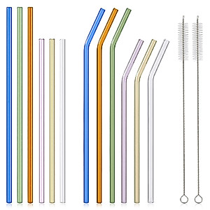 [12 Pcs] Reusable Colorful Long Glass Straws - 11" x 8mm and 9" x 8mm Shatter Resistant Each Including 3 Straight and 3 Bent with 2 Cleaning Brush Perfect for 30 oz 20 oz Tumblers Juice Coffee