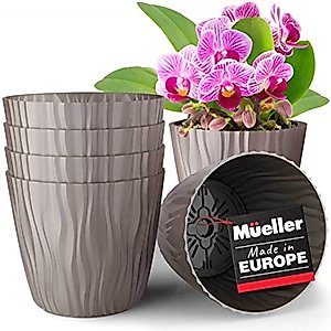 Mueller Austria Plant and Flower Pot 6/1 Set, Heavy Duty 6 Inch European Made Stylish Indoor/Outdoor Decorative Planter, for All House Plants, Flowers, Herbs, Mocha