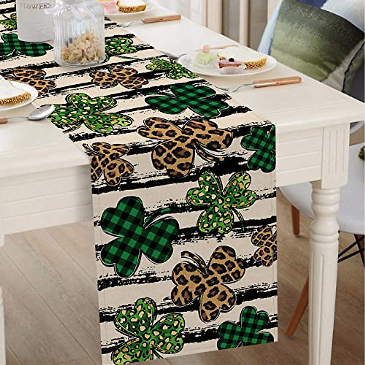 Seliem St. Patrick's Day Shamrock Clover Table Runner, Black Stripe Buffalo Polka Dot Leopard Kitchen Dining Table Decor Irish Burlap Home Decoration Indoor Outdoor Holiday Party Supply 13 x 72 Inches