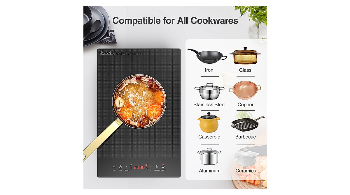 Electric Cooktop 12 Inch 2000W - Portable Single Burner for All Cookware