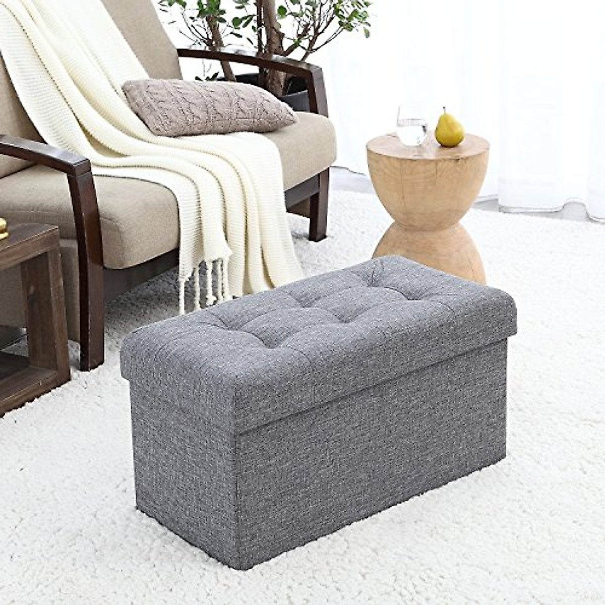 Ornavo Home Foldable Tufted Linen Large Storage Ottoman Bench Foot Rest Stool/Seat - 15" x 30" x 15" (Grey)