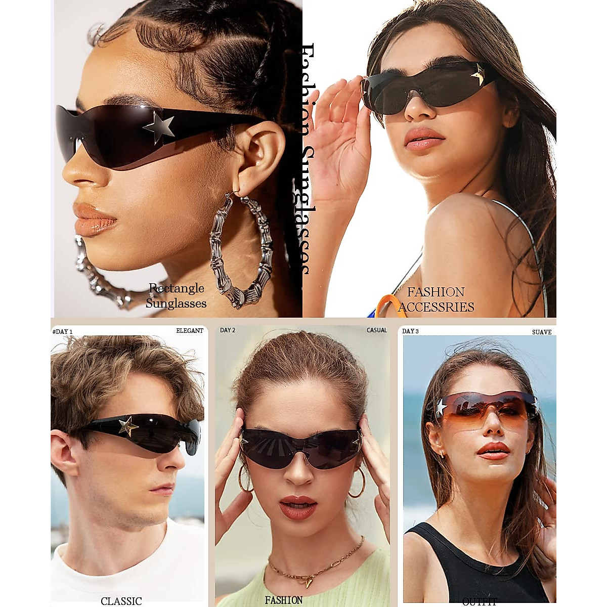 Dollger Trendy Y2K Sunglasses Women Men Rimless Wrap Around Sunglasses Fufuristic Y2K Star Fashion Visor 2000 Glasses Shield Black Shades