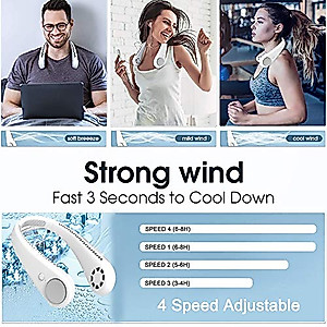 Portable Personal Bladeless Neck Fans, USB Rechargable Hanging Necklace Bladeless Fan, Hand Free Wearable Neck Fan Battery Operated Personal Fan 4 Speeds 360 Degree Free Rotation Air Cooling for Outdoor Activity (White)
