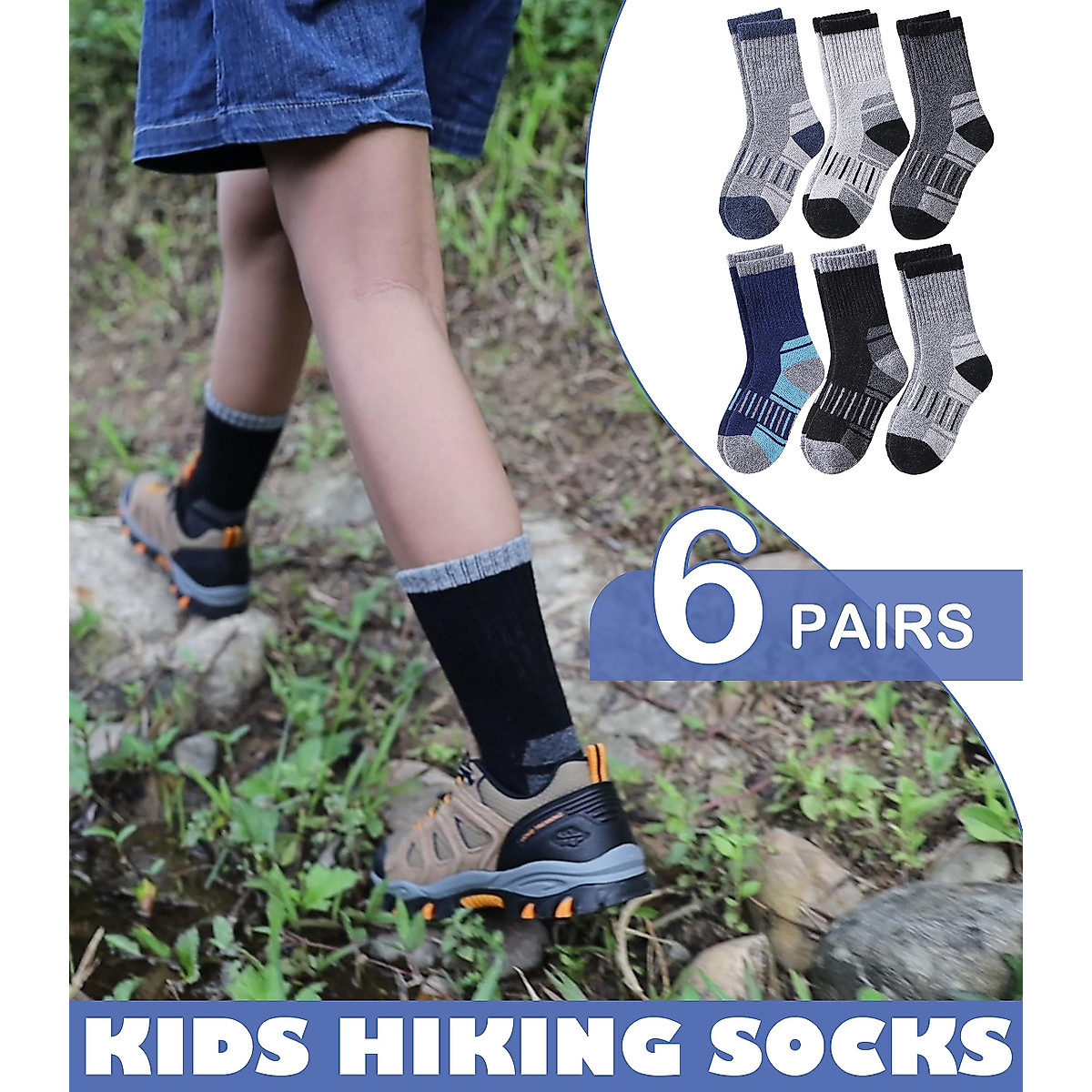 LINEMIN Kids Merino Wool Hiking Socks Toddlers Boys Girls Winter Warm Thick Thermal Boot Cushion Crew Socks 6 Pairs (8-12 Years, Mix Color Hiking Socks)