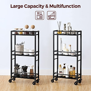 MAHANCRIS Slim Rolling Cart, Mobile Kitchen Cart on Wheels, Narrow Storage Cart for Small Space, Wooden Service Cart, for Bathroom, Laundry, Living Room, Black RCHB1501
