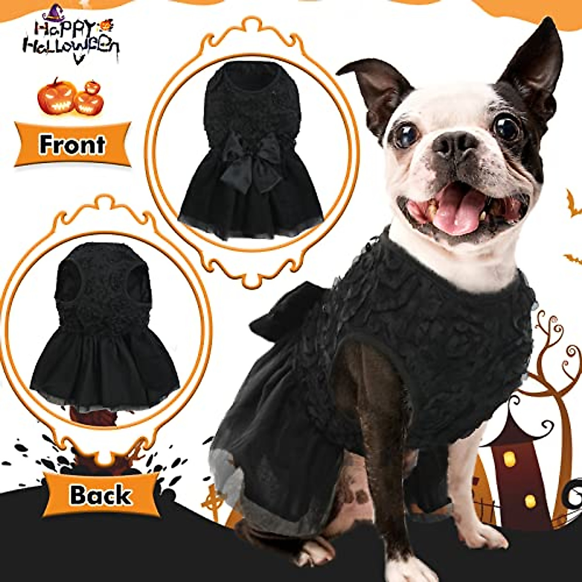 QBLEEV Dog Dress, Dog Wedding Dress for Small Dogs, Bowknot Dog Wedding Attire Black Dog Dress Pet Dog Bride Costume Lace Tutu Skirt Halloween Dog Princess Dress Party Puppy Apparel Dog Formal Dress S